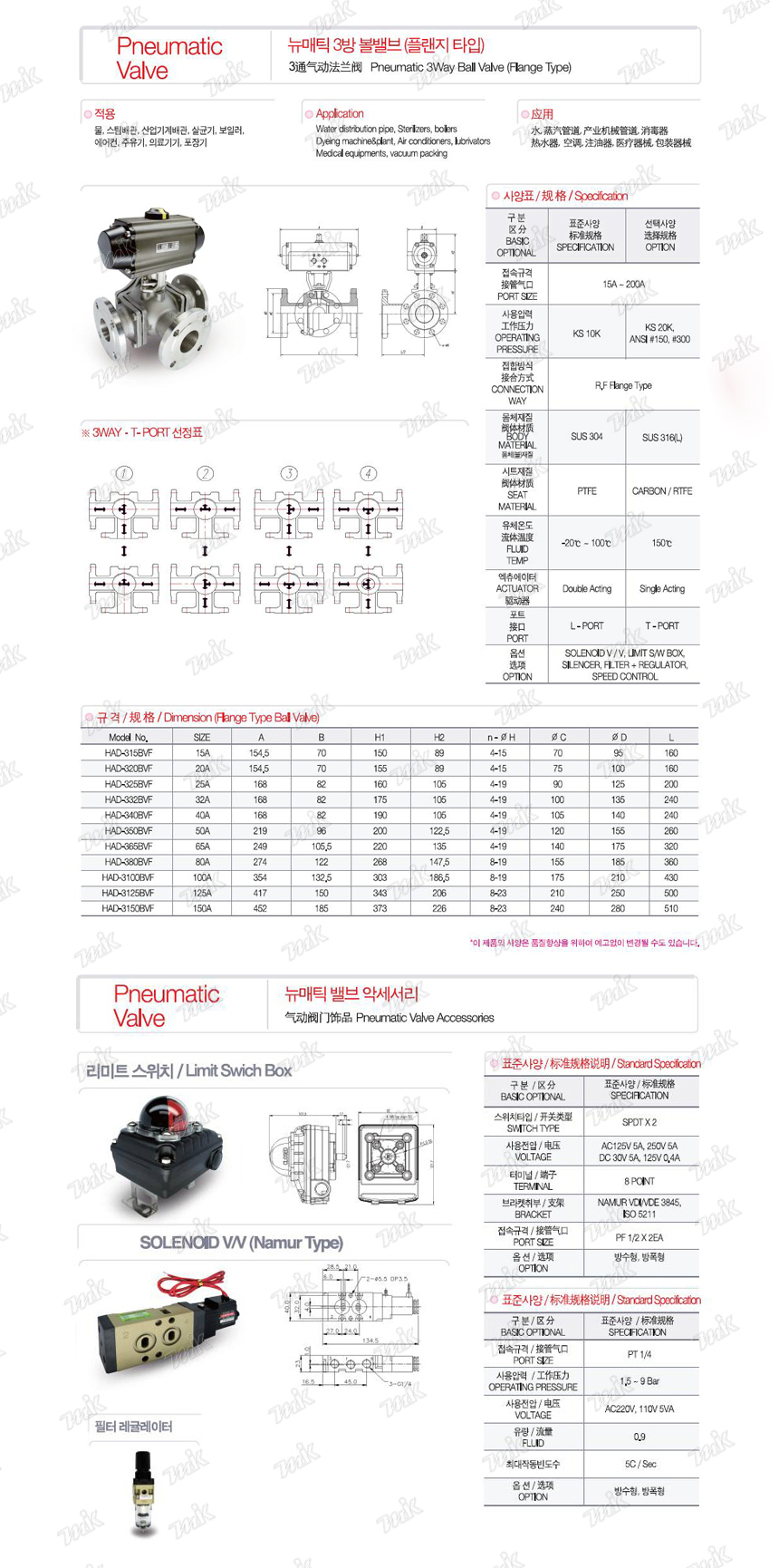 [MK] 뉴메틱스텐볼밸브(3WAY)HAD-325BVF후렌지타입 25A