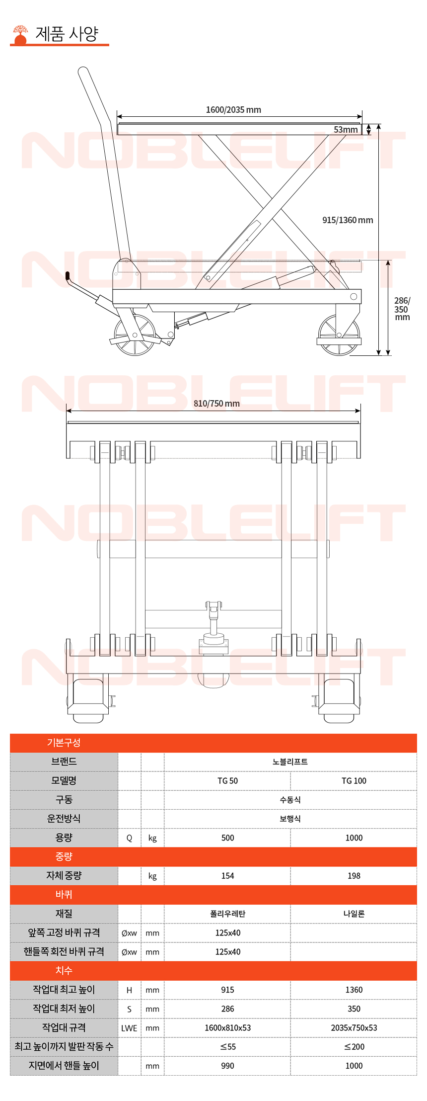 [노블리프트] 광폭형 테이블리프트 TG100 1톤 (창고다이, 테이블트럭, 물류창고)